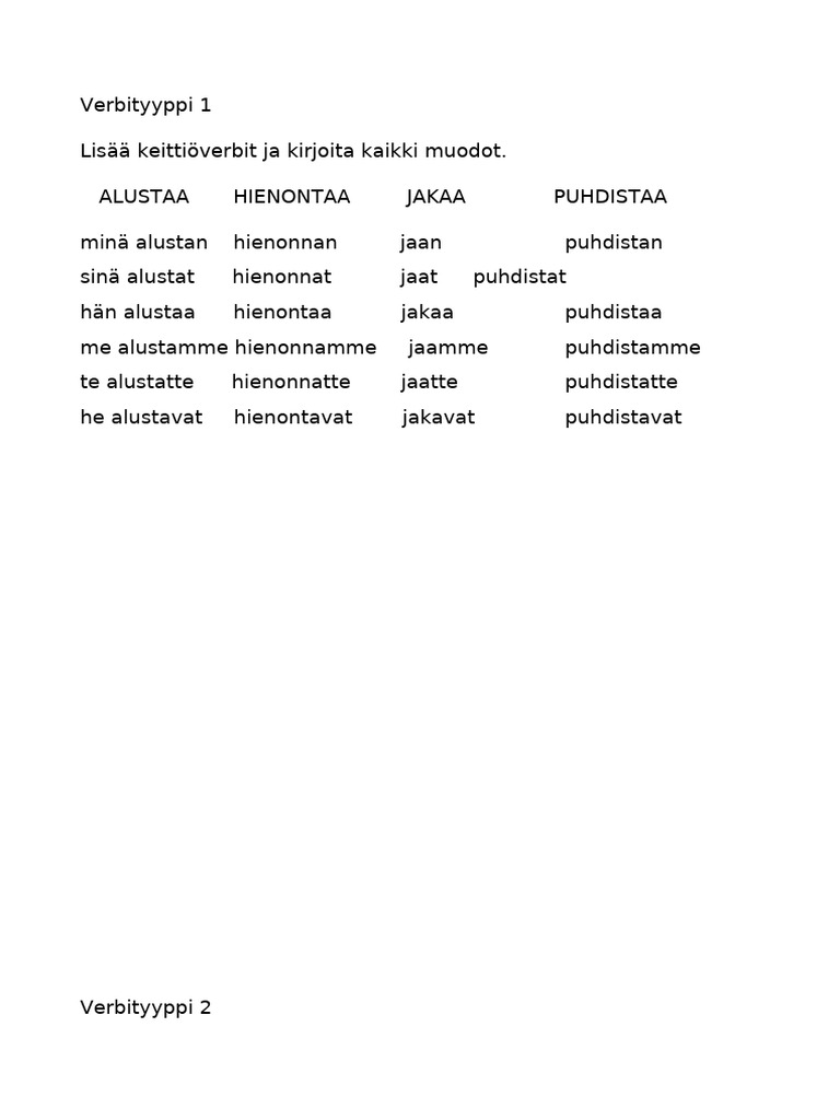 HARJOITUS verbityypit keittiÃ¶verbit 1 | PDF