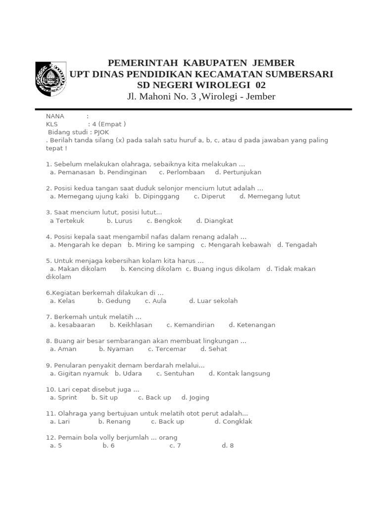 Soal Uts Kls 4 Se Ester 2 Pjok 2020 2021 | PDF