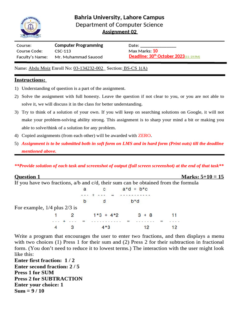 Abdul Moiz Computer Programming Assignment#2 | PDF | Computer Programming | Computing