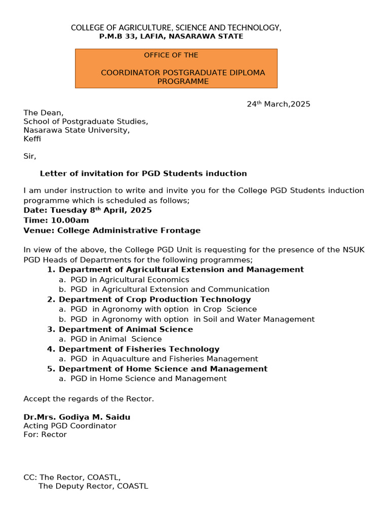 Pgd Student Induction Invitation | PDF