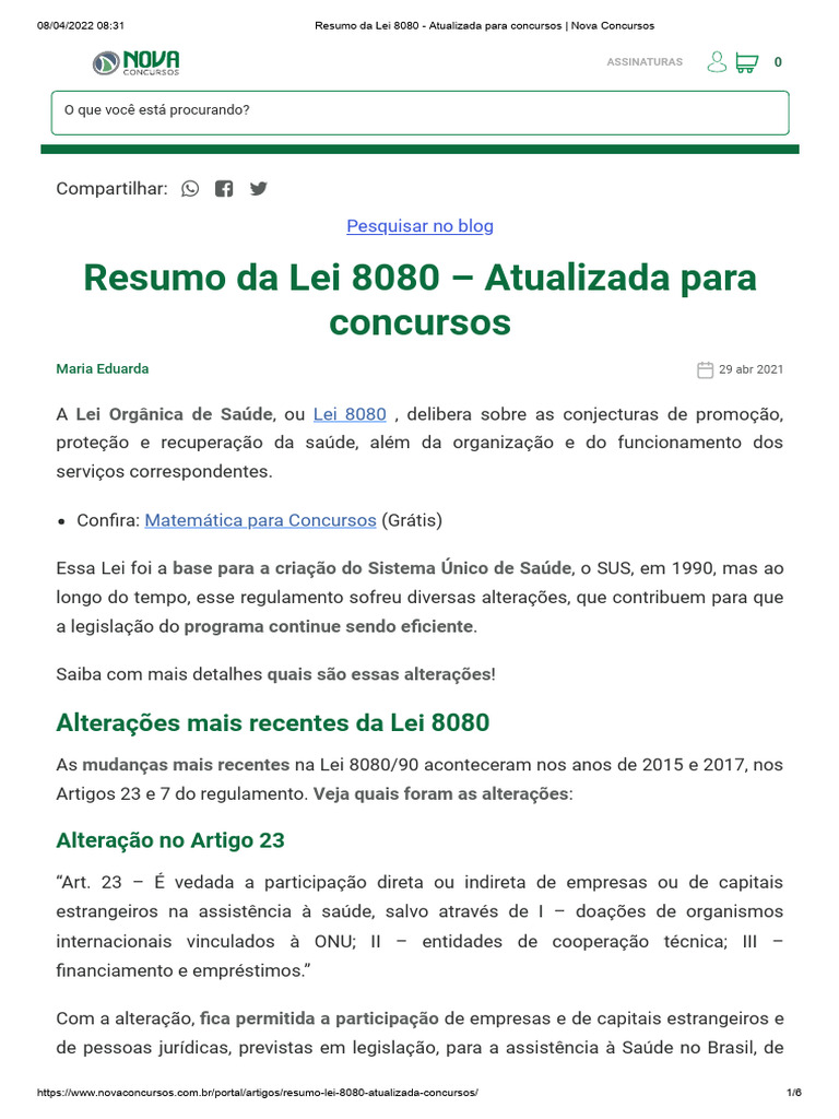Resumo Da Lei 8080 - Atualizada para Concursos - Nova Concursos | PDF