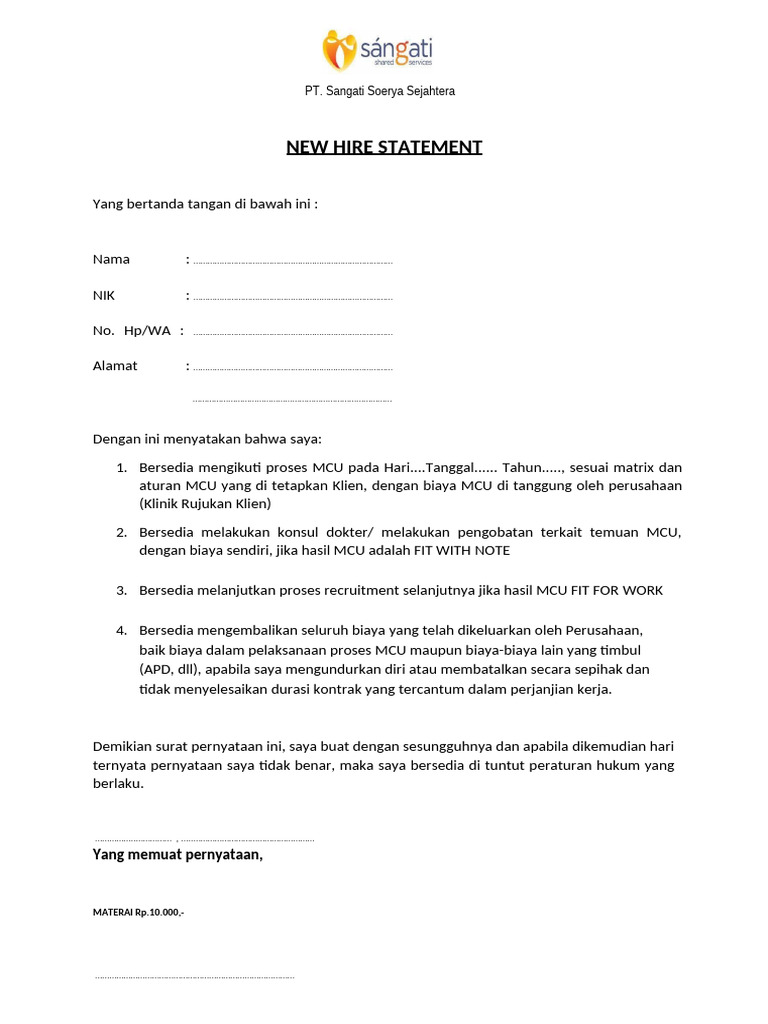 Pernyataan New Hire PT Sangati | PDF