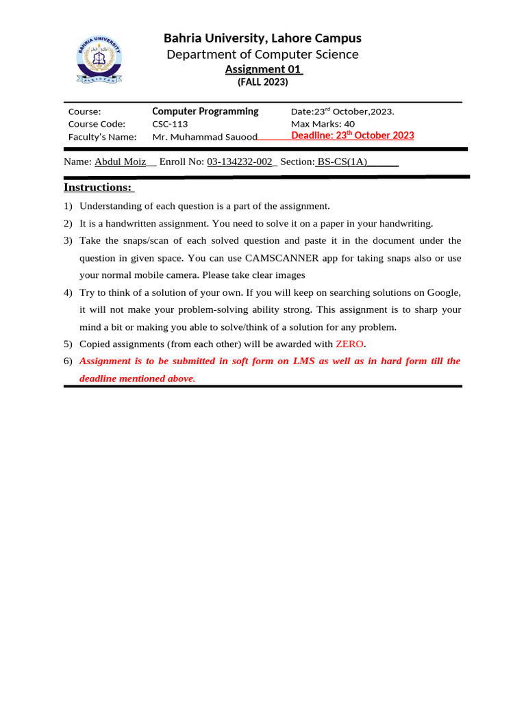 03-134232-002 Abdul Moiz Computer Programming Assignment 1 | PDF | Computer Programming ...