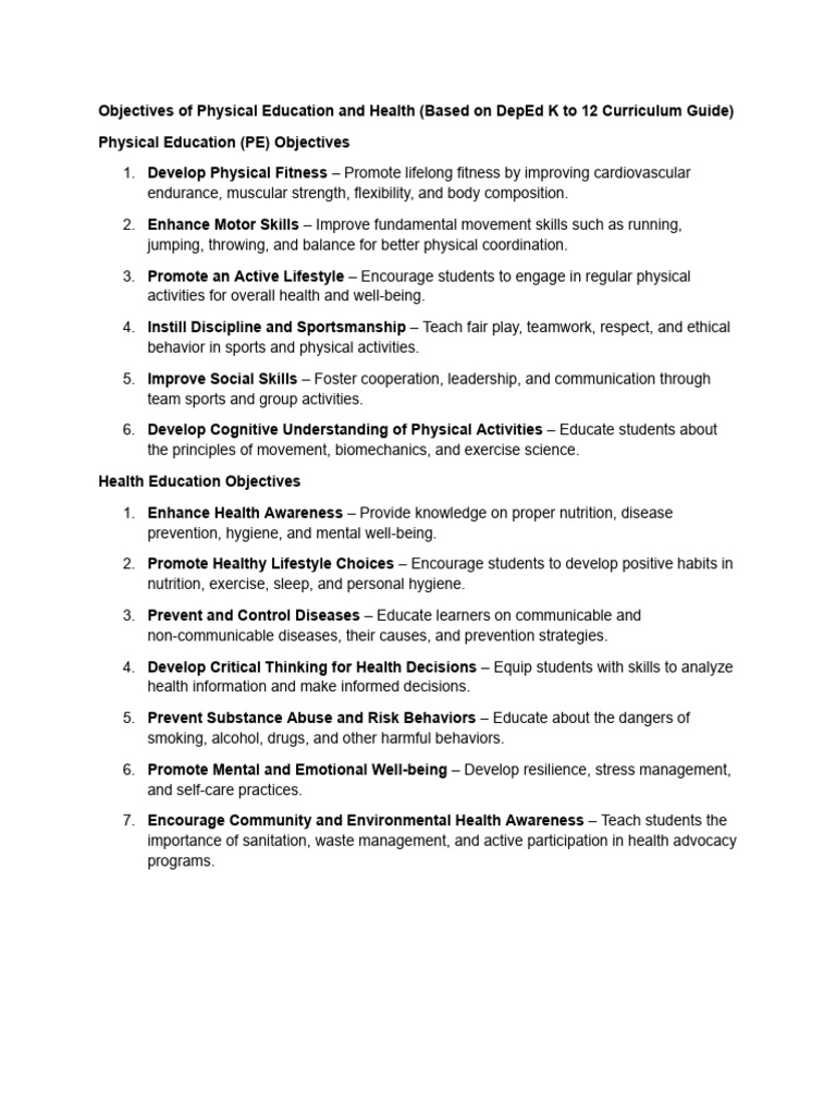 Objectives of Physical Education and Health | PDF