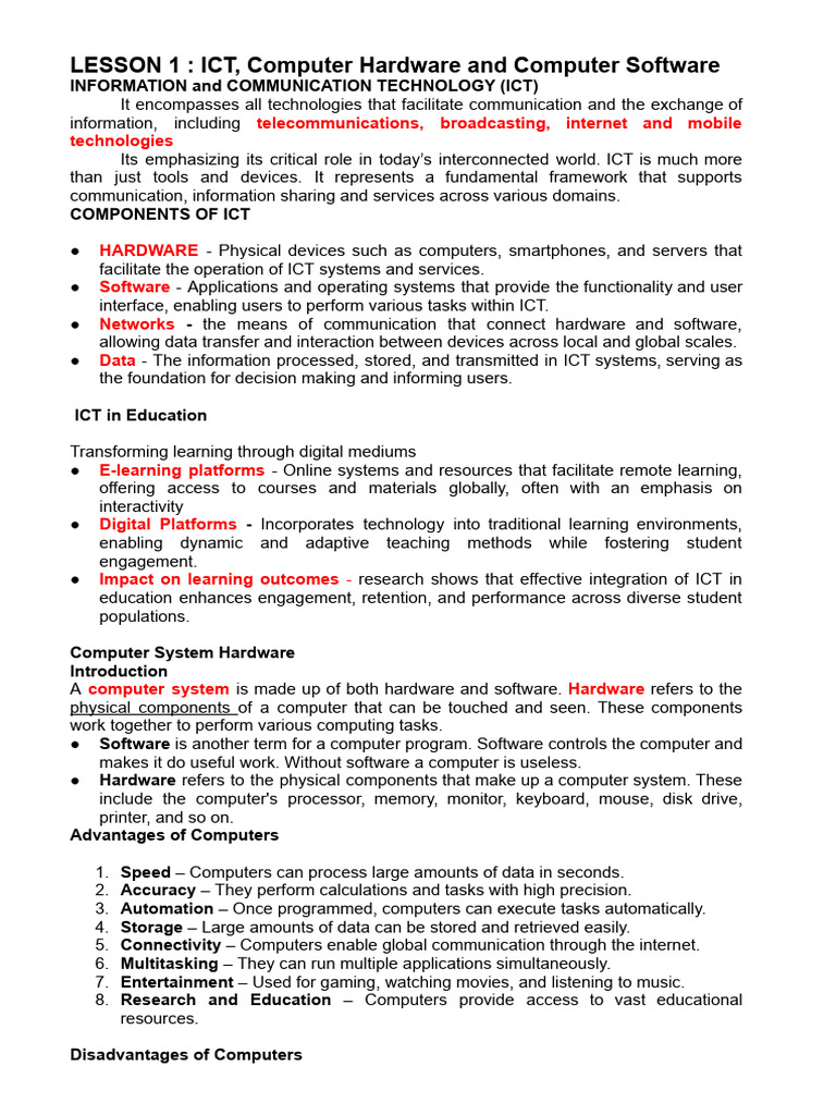 Lesson 1 - ICT-Hardware - Software | PDF | Computer Data Storage ...