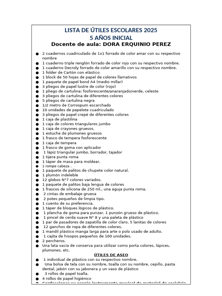 Útiles Escolares 2025: Inicial 5 Años | PDF
