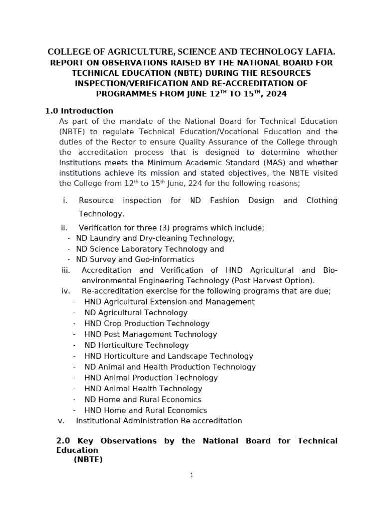 NBTE Accreditation Report for Lafia College | PDF | Agriculture ...