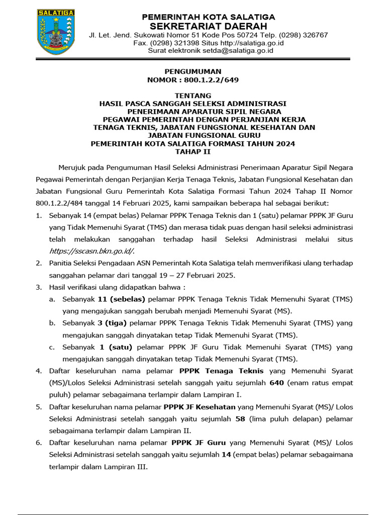 Hasil Pasca Sanggah Seleksi Administrasi Penerimaan Aparatur Sipil Negara Pegawai Pemerintah ...