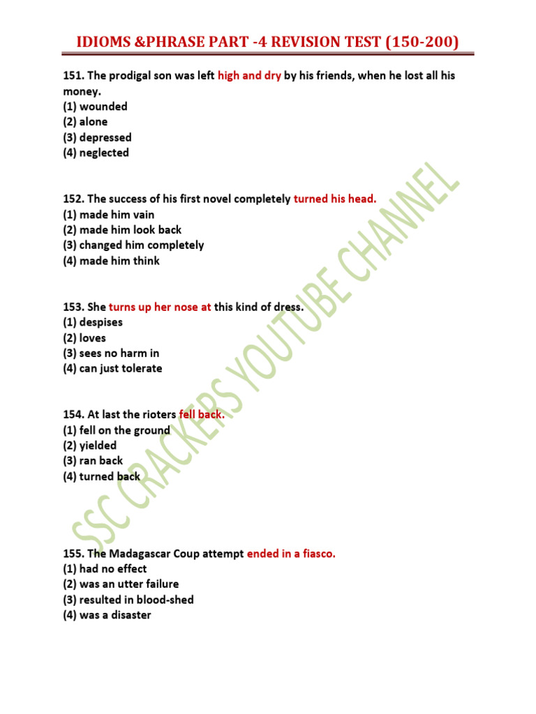 Idioms and Phrases Revision Test | PDF