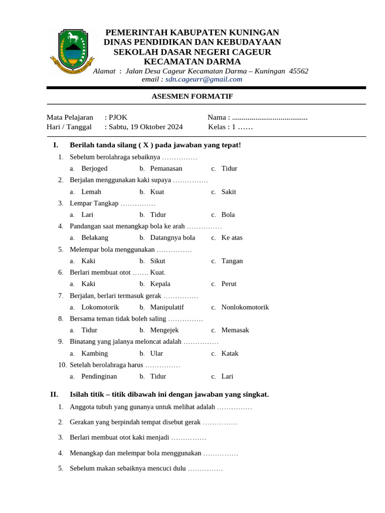 Soal Asesmen Formatif PJOK Kelas 1 2024 | PDF