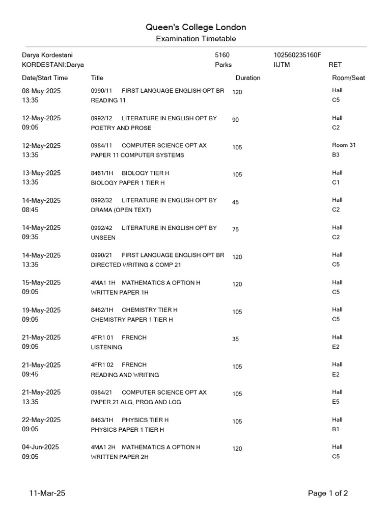 Exam Timetable MAIN_202503111503 | PDF