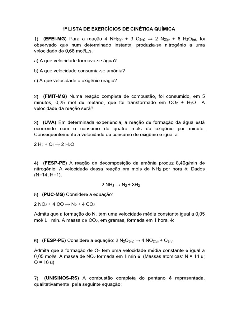 1 Lista de Exercício de Cinética Química | PDF
