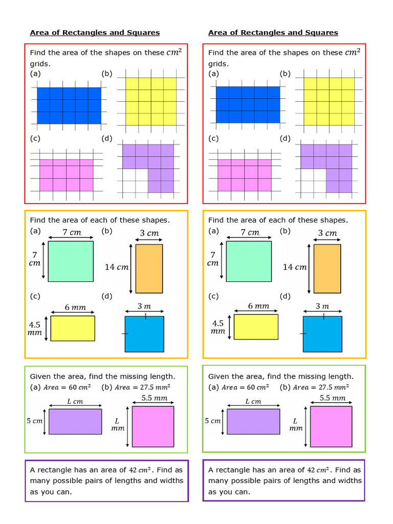 Area of Rectangles and Squares Practice Strips | PDF