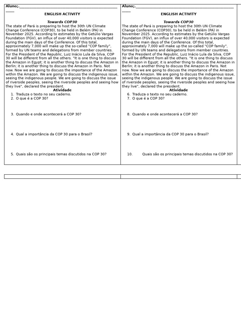 Atividade Sobre A COP30 | PDF | Brazil