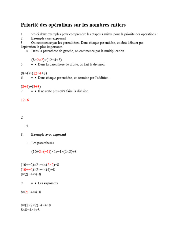 Priorité des opérations entières | PDF | Multiplication | Division
