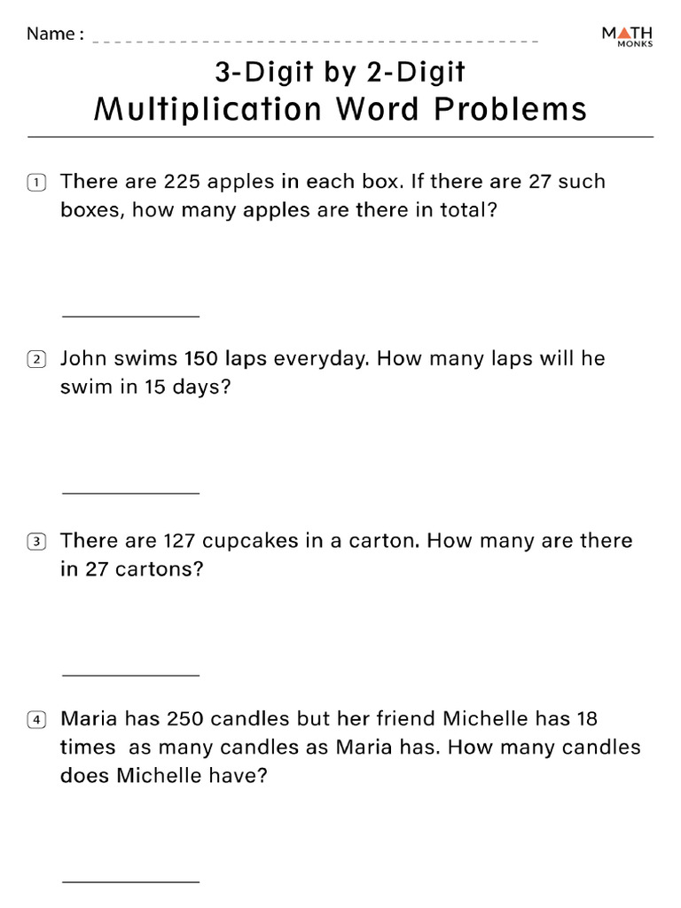 3 Digit by 2 Digit Multiplication Word Problems Worksheets | PDF