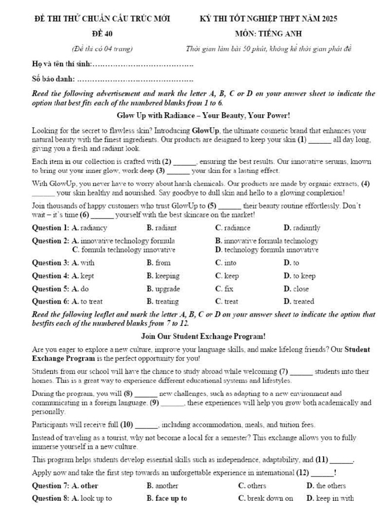 De Thi Thu Tn Thpt 2025 Cau Truc Moi Mon Tiieng Anh de 40 File Word Co Loi Giaidocx 1600 PDF ...