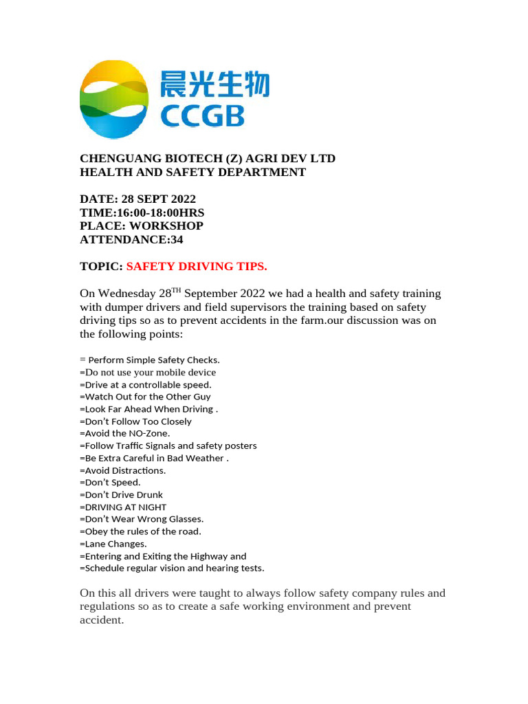 Safety Training Minutes As at 28-09-22 | PDF | Transport ...