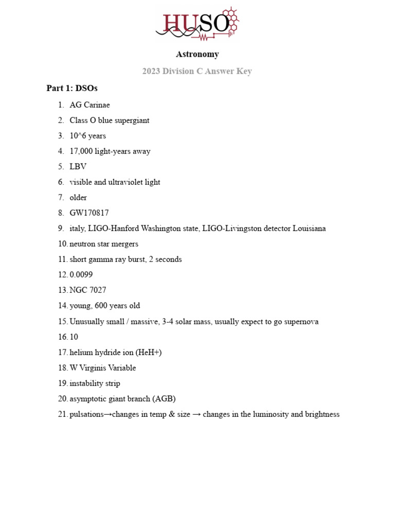 Astronomy 2023 Division C Answer Key | PDF