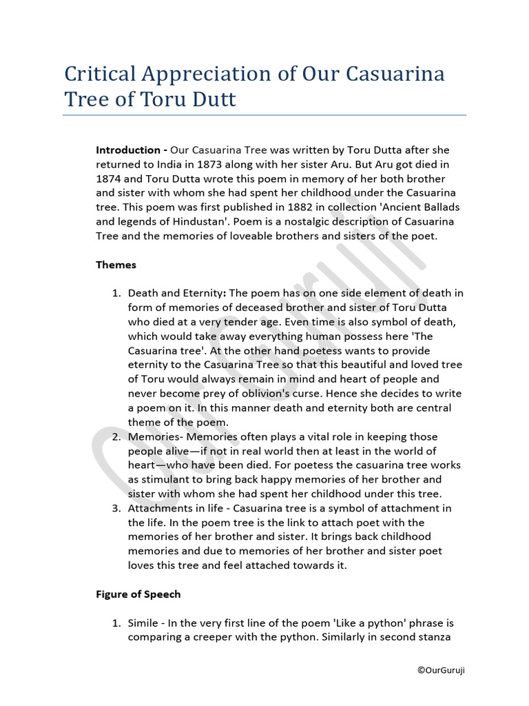 Critical Appreciation of Our Casuarina Tree | PDF | Poetry | Poetics