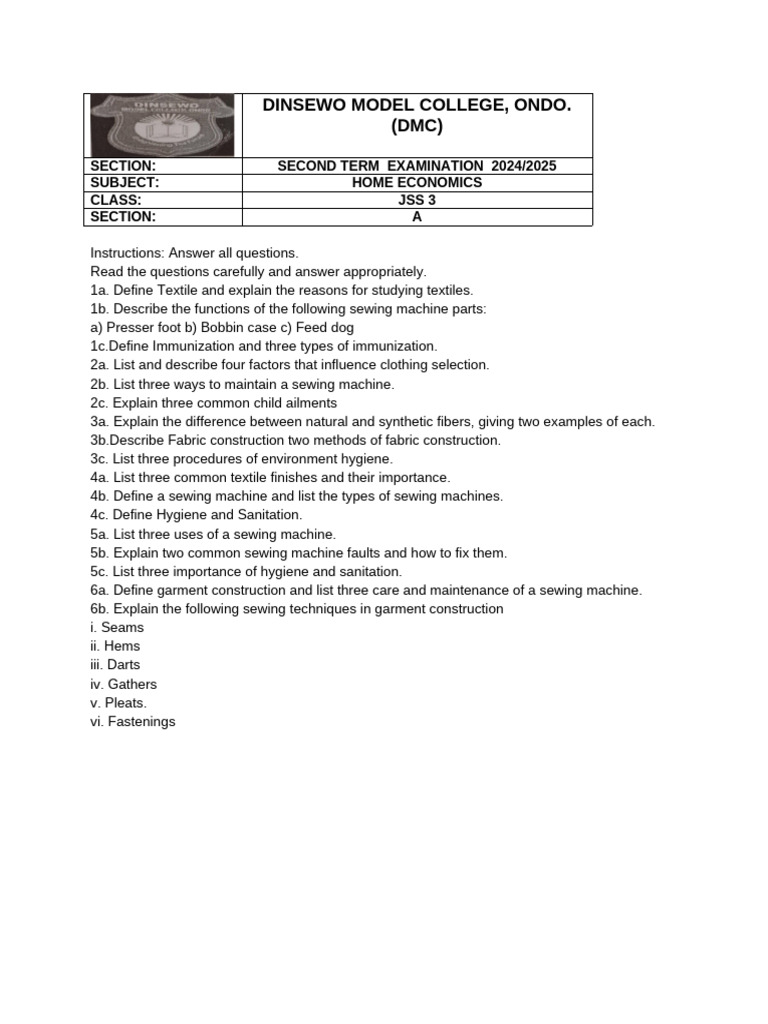 JSS 3 Home Economics Exam Guide 2024 | PDF