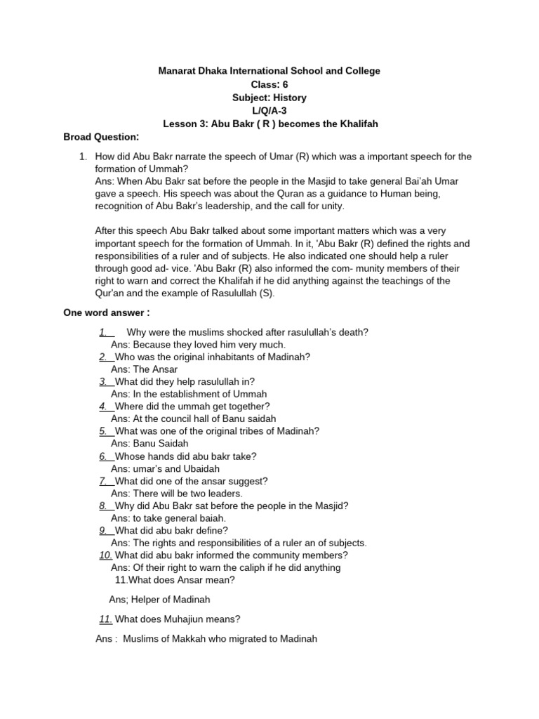 LQA 3, History, Class 6, Lesson 3 | PDF | Medina | Caliphate