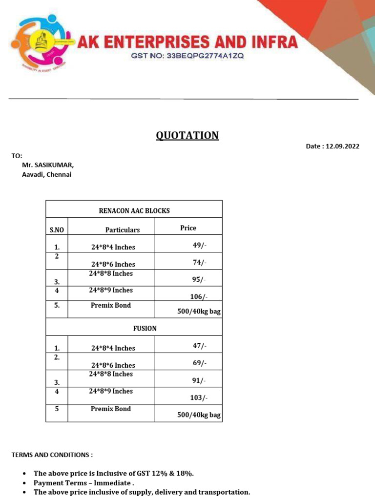 AAC Blocks Quotation and Terms | PDF