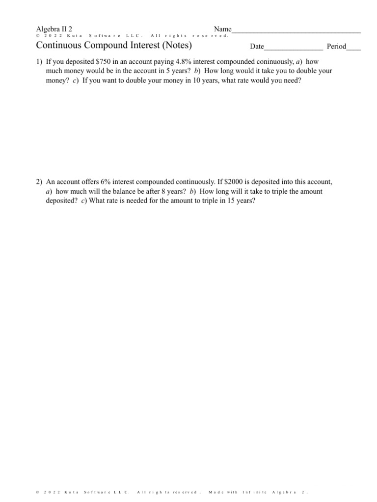 Continuous Compound Interest Worksheet | PDF