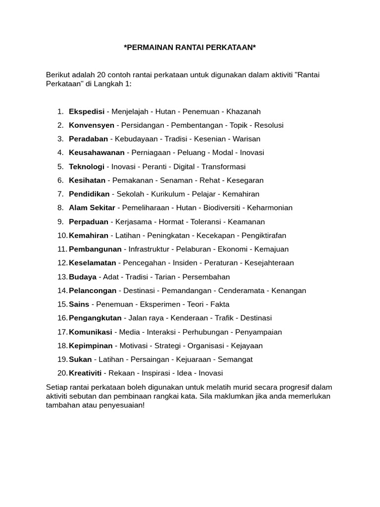 Permainan Rantai Perkataan (Aktiviti 1) | PDF