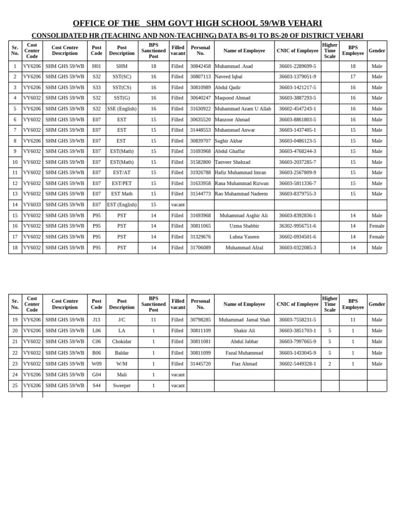 Require HR (Teaching and Non Teaching) Data BS-01 To BS-20 - 121730 | PDF