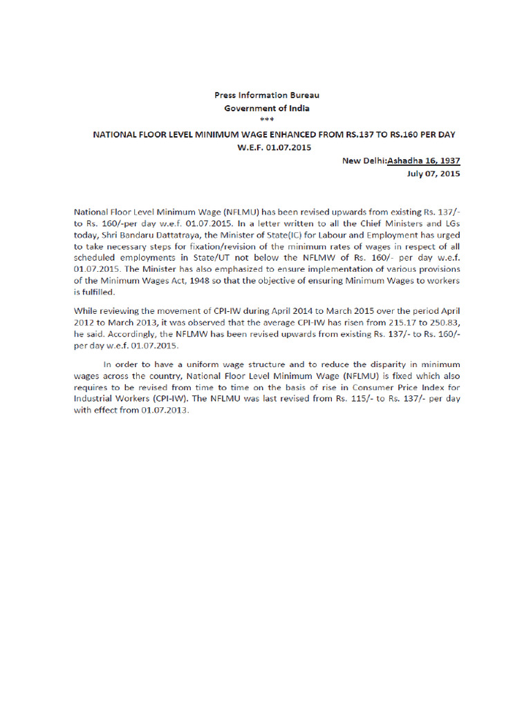 National Floor Level Minimum Wage | PDF
