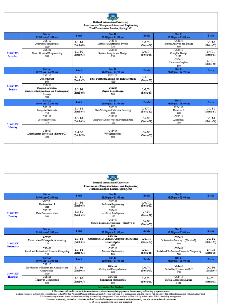 CSE Final Exam Routine Spring - 2025 | PDF | Computer Science | Computing