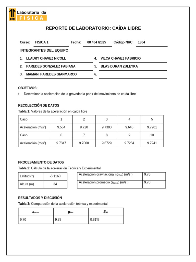 Reporte Lab Fisi1 s02 CL 2025grupo 2 | PDF | Gravedad | Medición