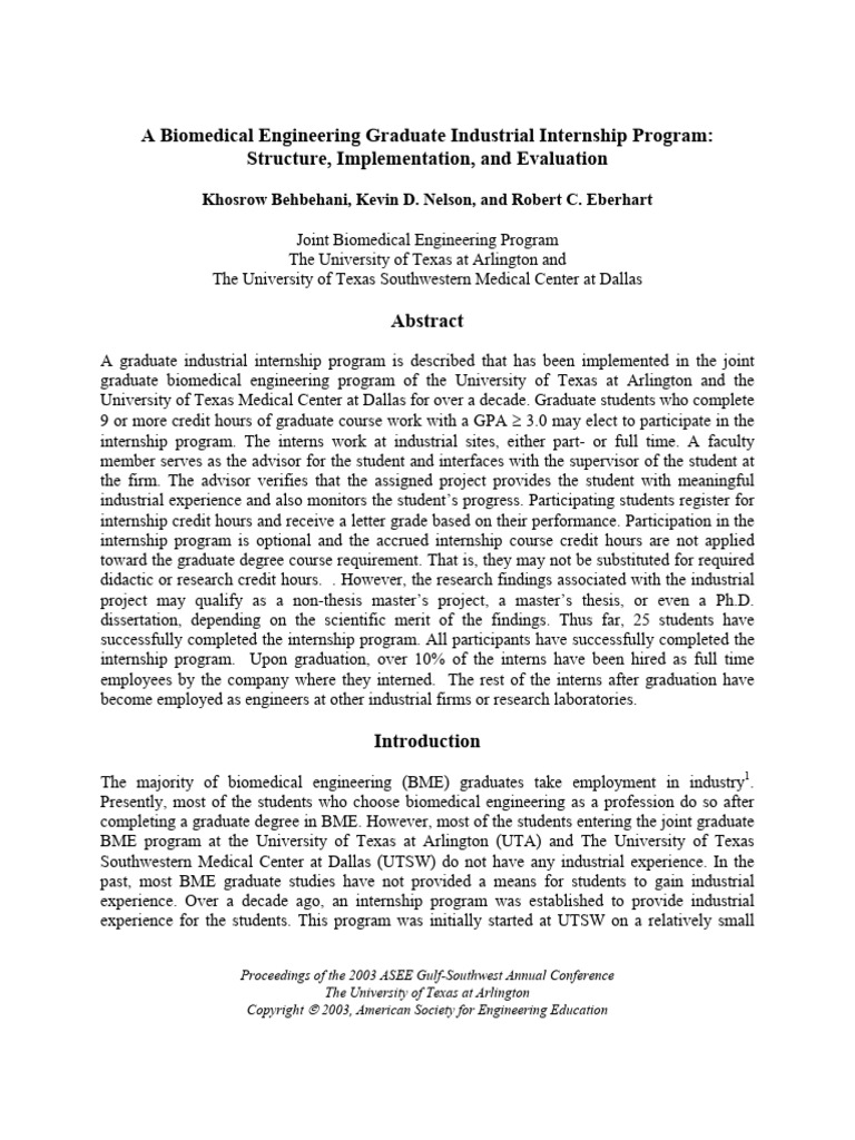 A Biomedical Engineering Graduate Industrial Internship Program ...