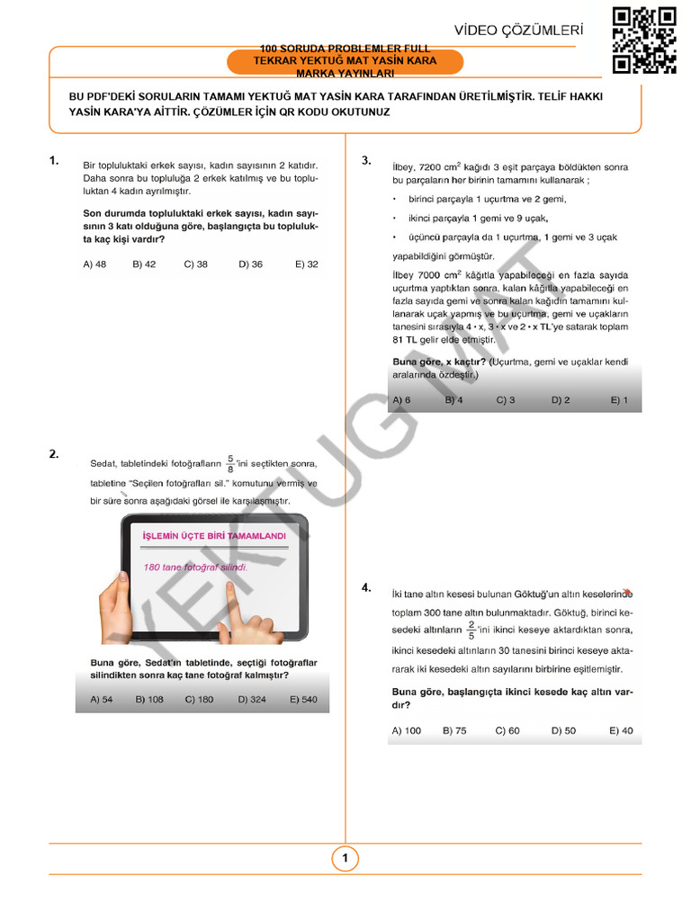 Ales Problemler 100 Soruda Full Tekrar Yektug Mat Marka Yayinlari | PDF