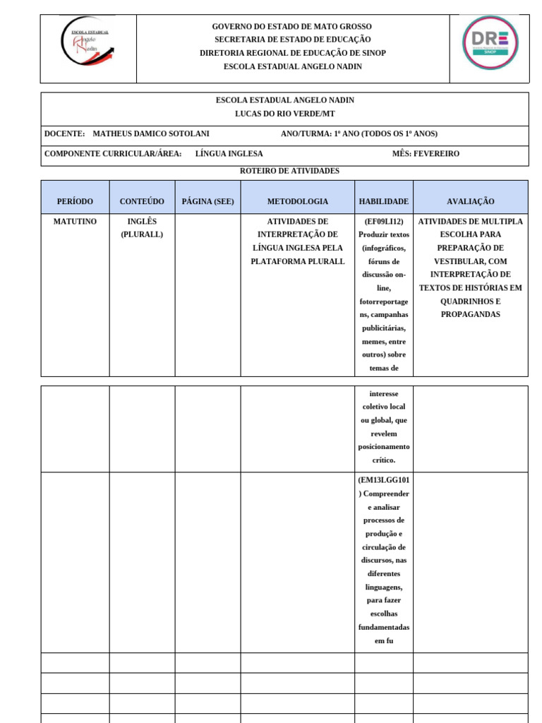 PLANEJAMENTO MENSAL 2025 - INGLÊS - FEVEREIRO 2025 | PDF
