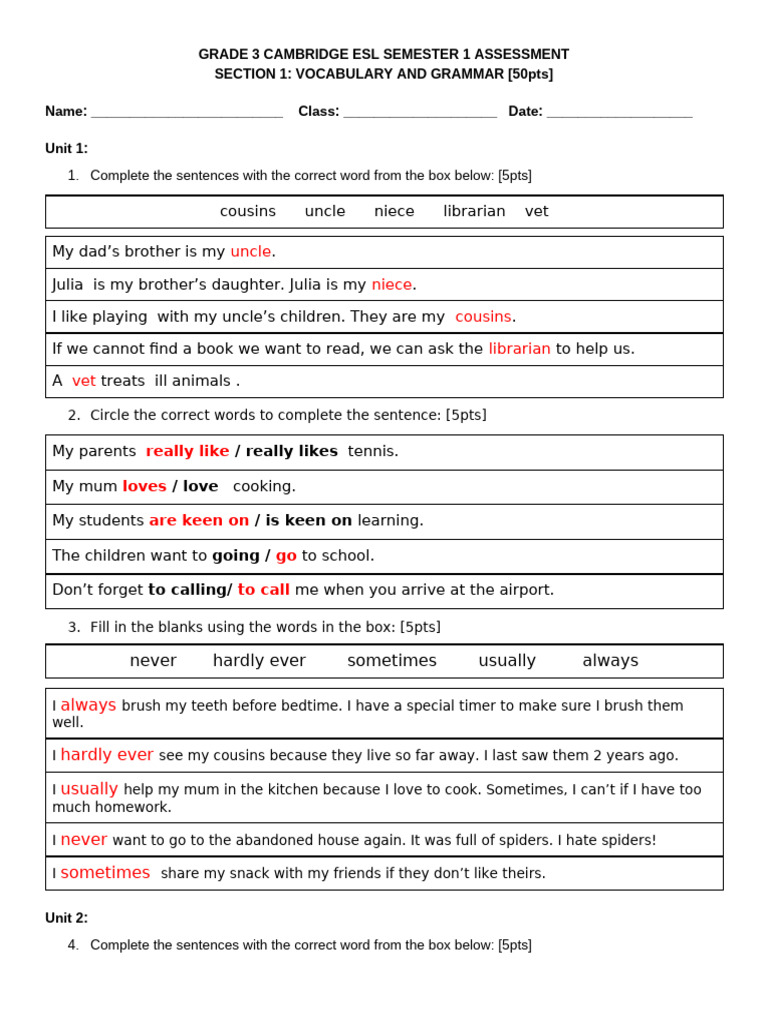 Stage 4 ESL S1 Assessment - Final - Answer Key | PDF | Grandparent