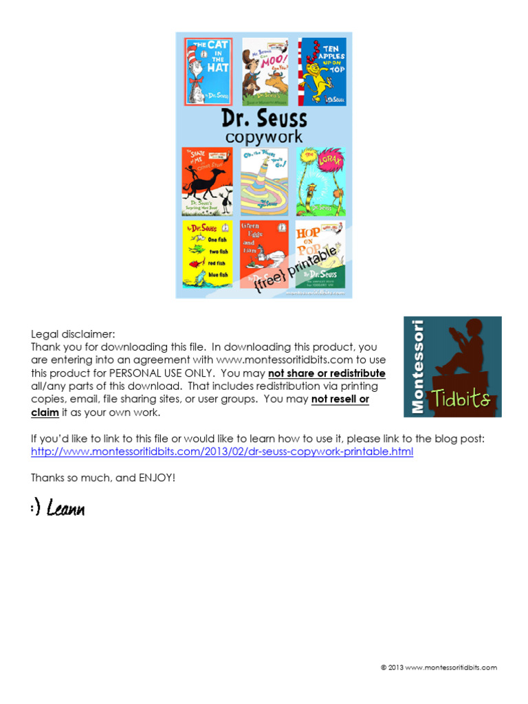 DR Seuss Handwriting and Drawing Copywork Cursive | PDF | Dr. Seuss ...