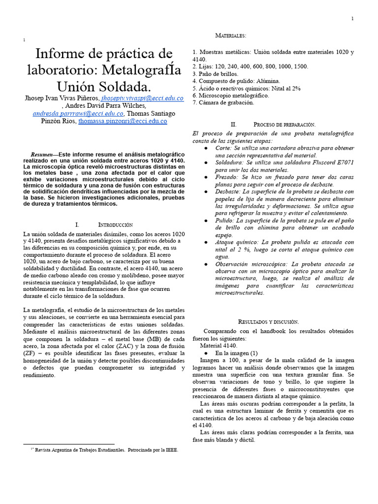 Análisis Metalográfico de Unión Soldada 1020-4140 | PDF | Acero | Soldadura