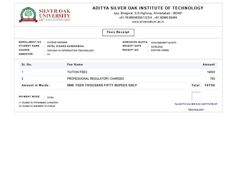 Aditya Silver Oak IT Diploma Fee Receipt | PDF