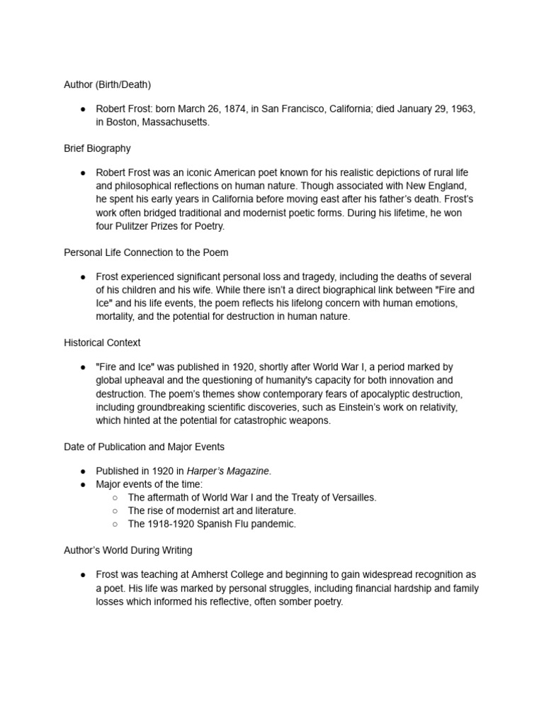 Robert Frost's "Fire and Ice" Analysis | PDF | Poetry