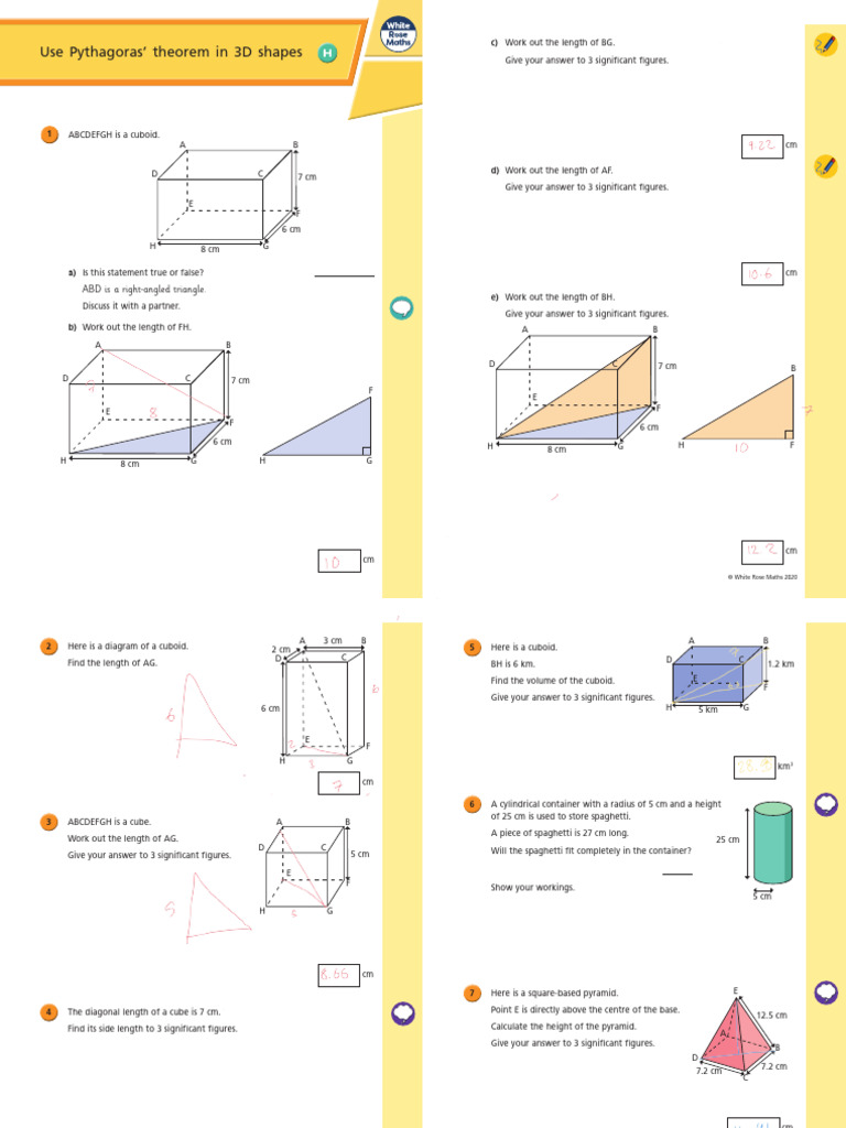 Y9 Spring Block 6 WO8 Use Pythagoras Theorem in 3D Shapes H 2020 | PDF | Length | Significant ...