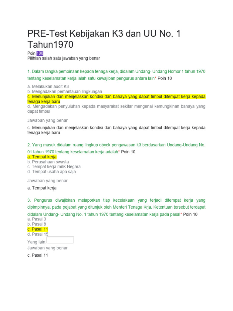 PRE-POST Test Kebijakan K3 Dan UU No. 1 Tahun1970 | PDF