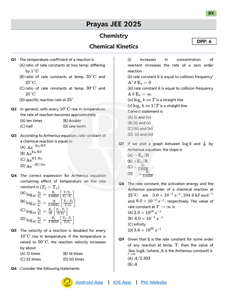 66a07c305176df032822bafc - ## - Chemical Kinetics - DPP 06 (Of Lec 08) - Prayas JEE 2025 2 | PDF ...