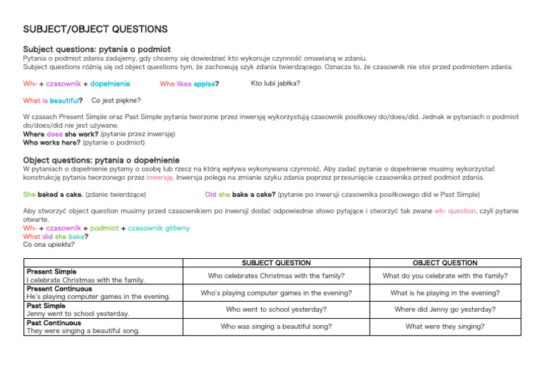 Subject Object Questions Explanation | PDF