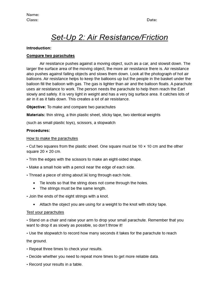 Parachute Experiment for KS2 Students | PDF | Balloon | Drag (Physics)