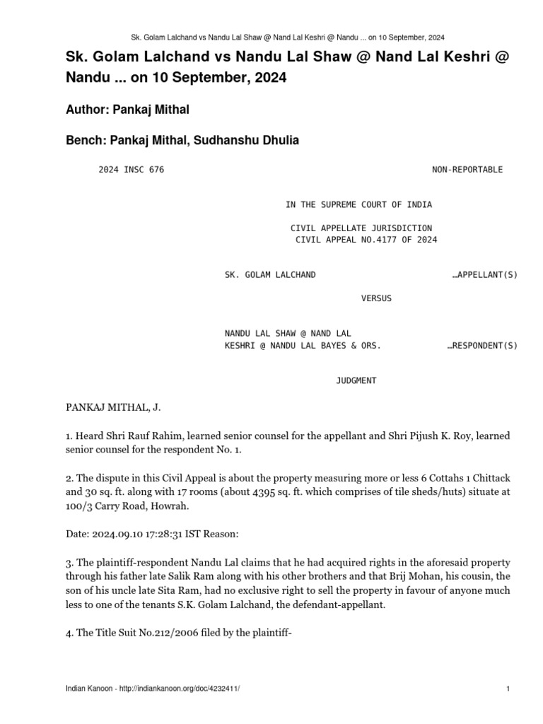 Property Dispute: Golam Lal vs Nandu Lal | PDF | Lawsuit | Appeal