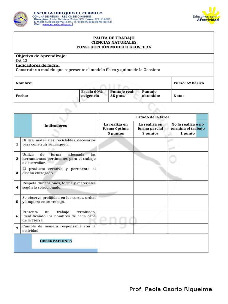 Pauta de Evaluacion Trabajo en Clases - Modelo Geosfera - Quinto - 2025 | PDF
