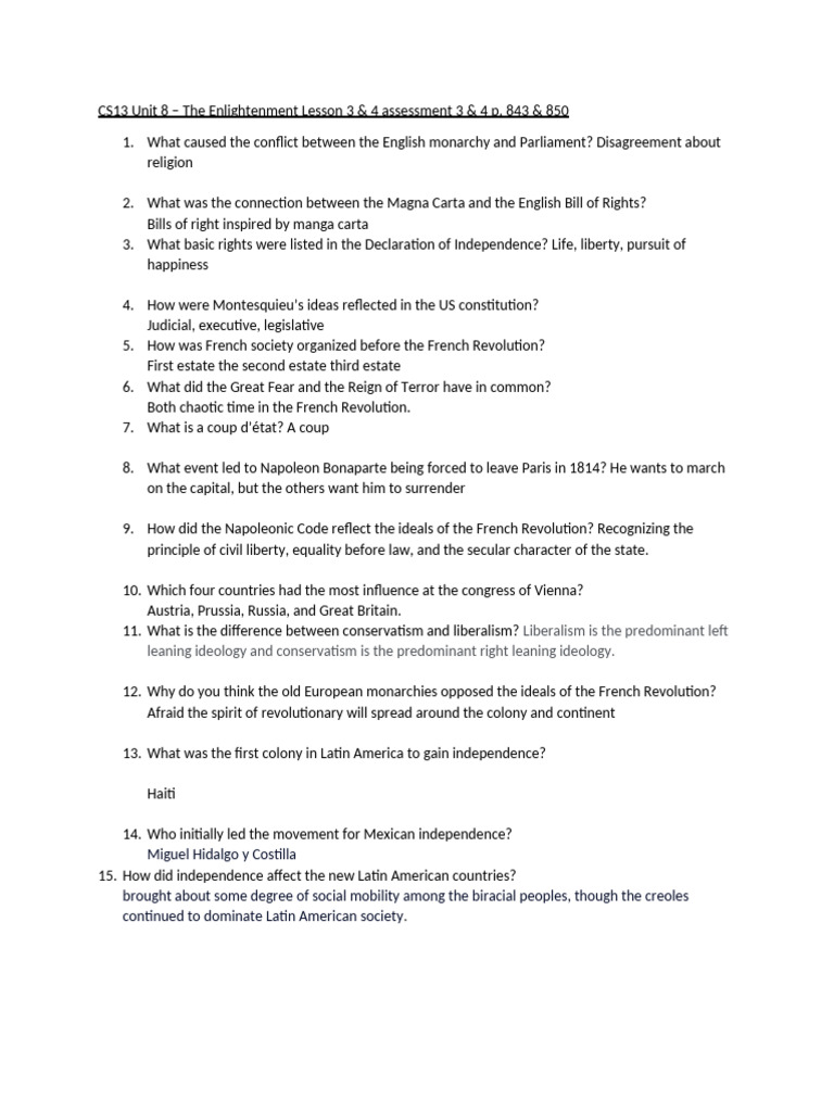 CS13 Unit 8 Â The Enlightenment Lesson 3 4 Assessment 3 4 P. 843 850 2 | PDF