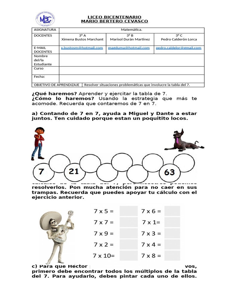 Guía Matemática 3ro Tabla Del 7 | PDF | Aprendizaje | Cognición